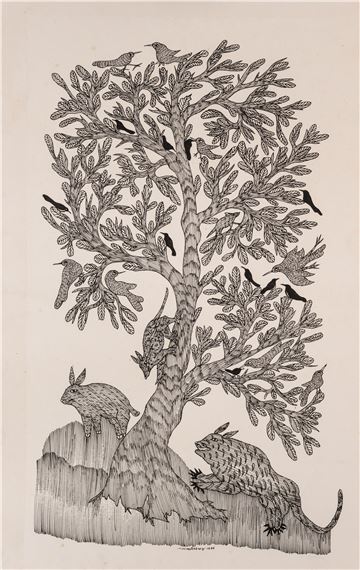 Jangarh Singh Shyam | drawing of a tree with birds and animals (1996 ...