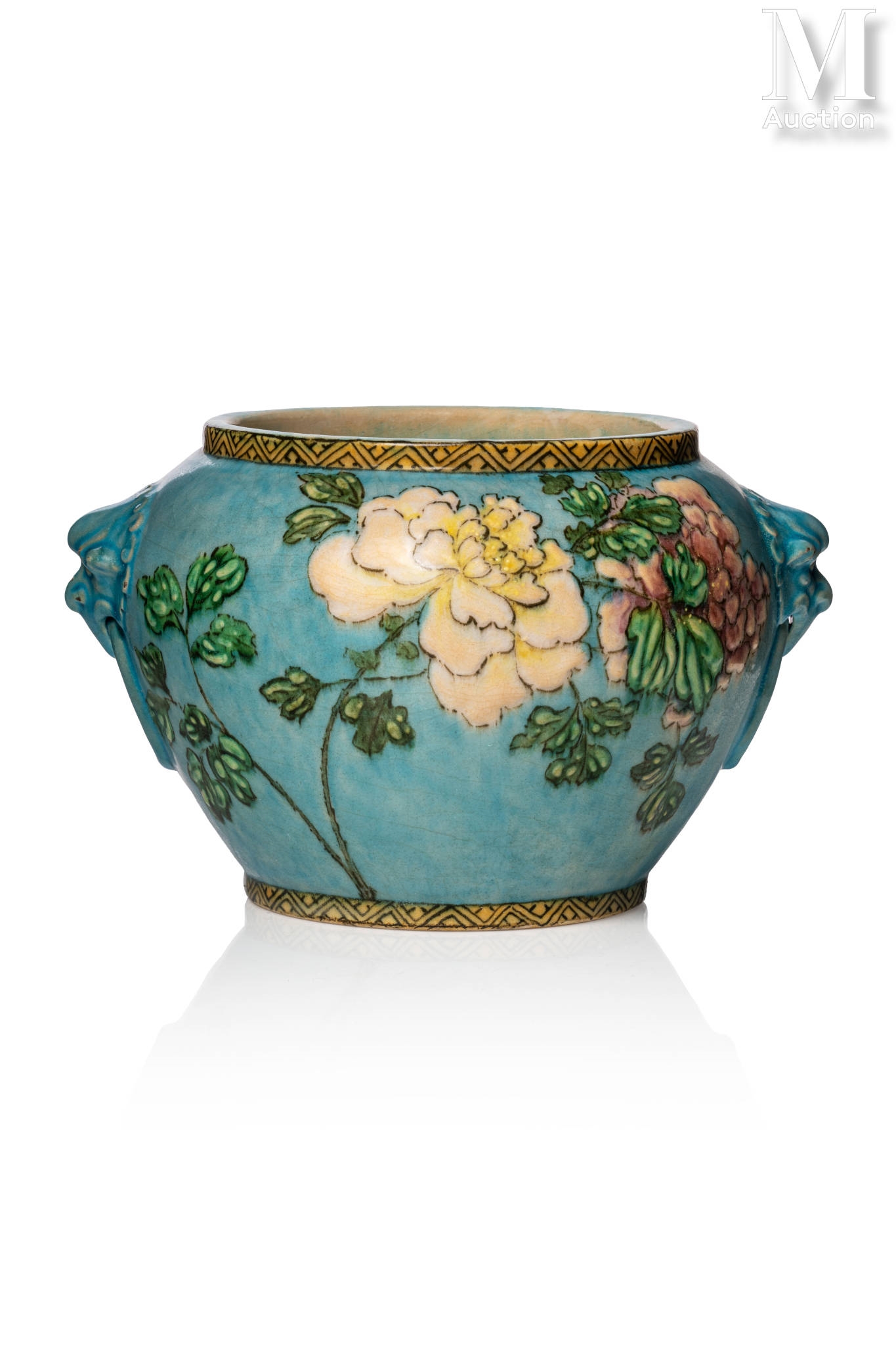 Joseph-Theodore Deck | Cache-pot en faïence flanqué de deux mufles de ...