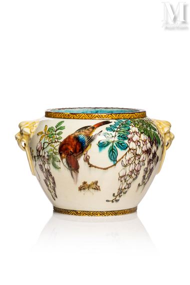 Joseph-Theodore Deck | Cache-pot en faïence flanqué de deux mufles de ...