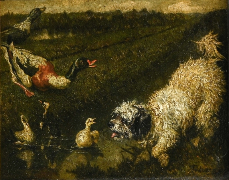 Jan Stobbaerts | Dog and ducks, 1878 (1878) | MutualArt