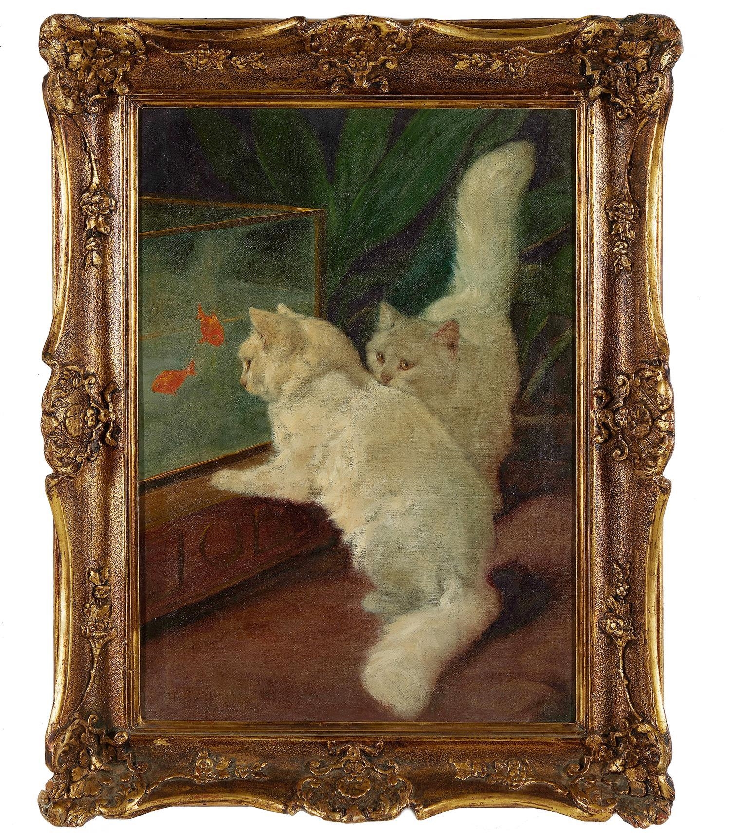 Arthur Heyer | ANGORA CATS WATCHING GOLDFISH (1872) | MutualArt