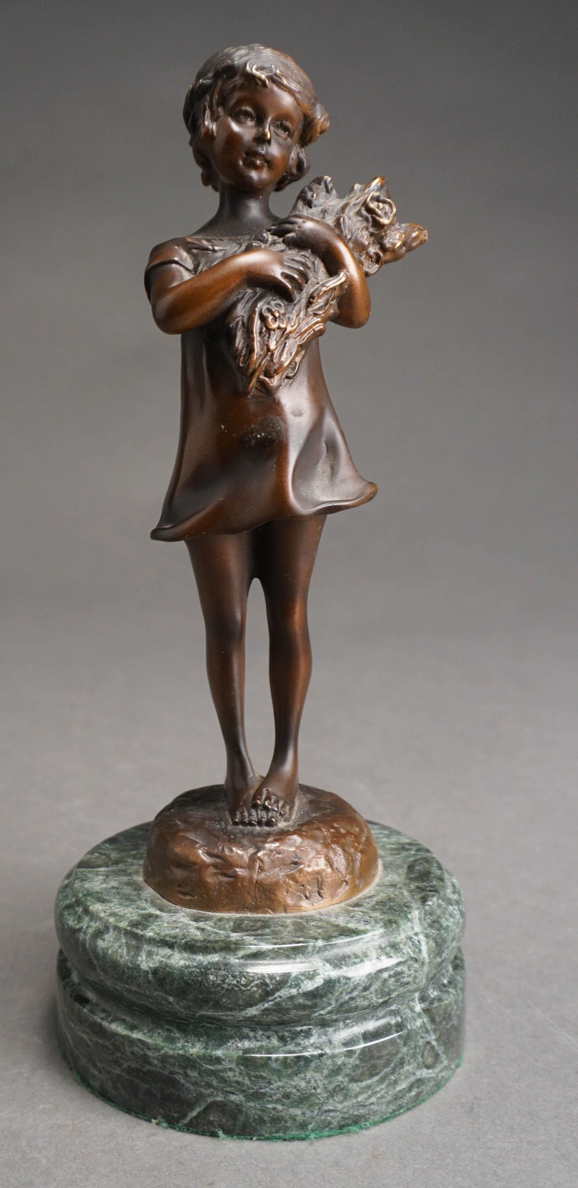 Suzanne Bizard | Bronze Figure of Young Girl Holding Bouquet of Flowers ...