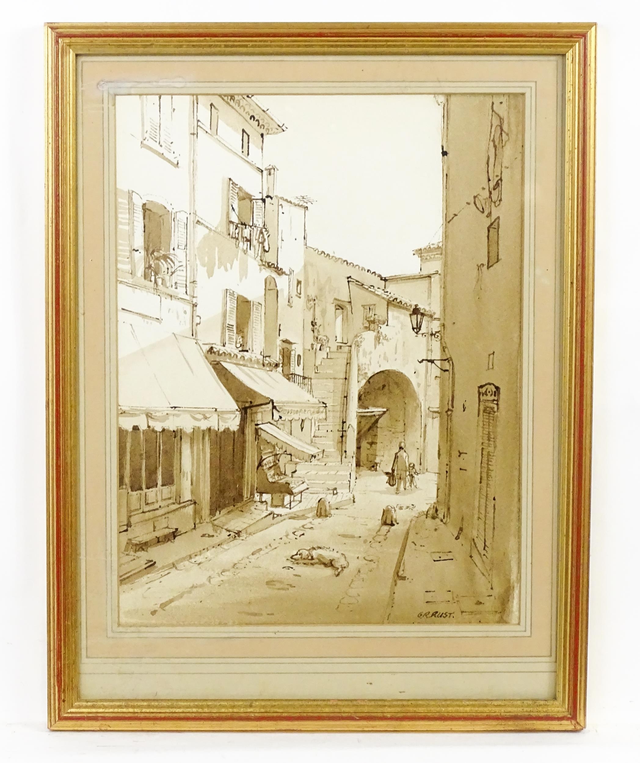 Graham Rust | A French street scene with figures and a dog. Signed ...