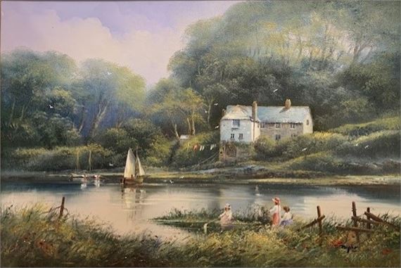 Ted Dyer | a riverbank view with children fishing | MutualArt