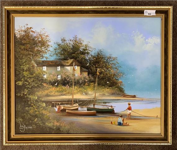 Les Parson | coastal scene with children playing on the sands | MutualArt