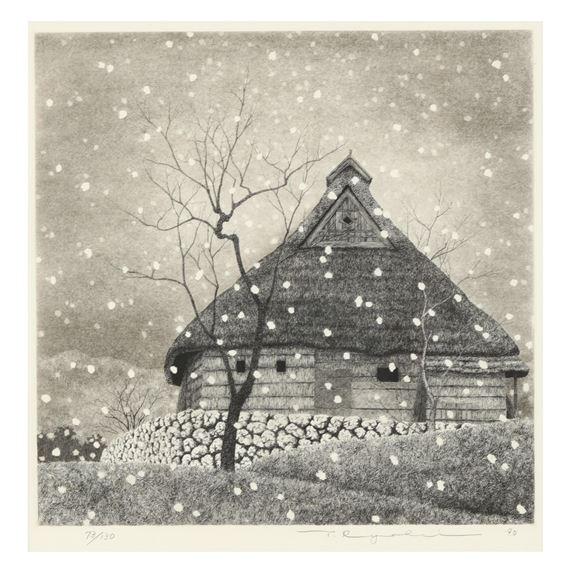 Ryohei Tanaka | Etching of a Japanese House in the Snow (1963) | MutualArt