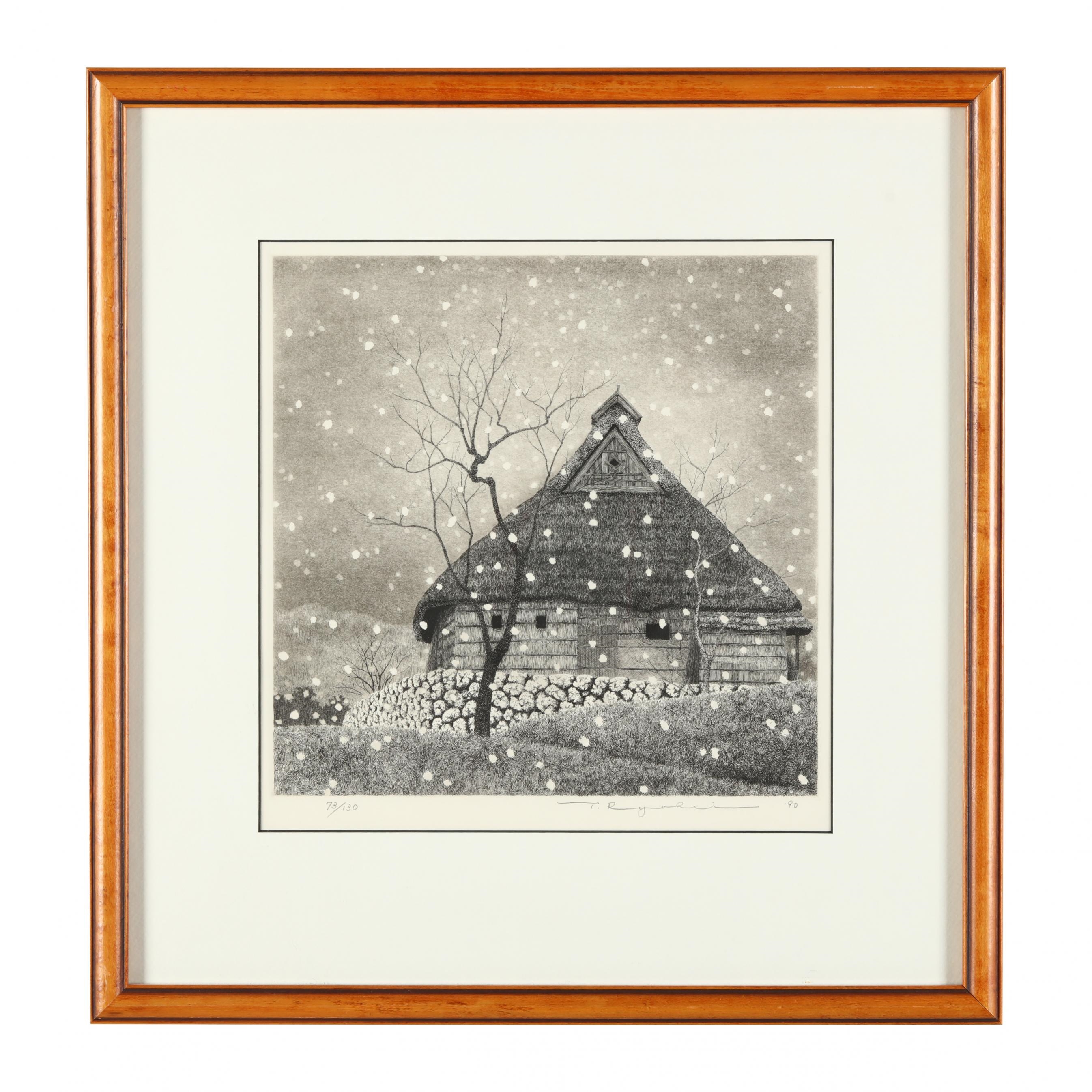 Ryohei Tanaka | Etching of a Japanese House in the Snow (1963) | MutualArt