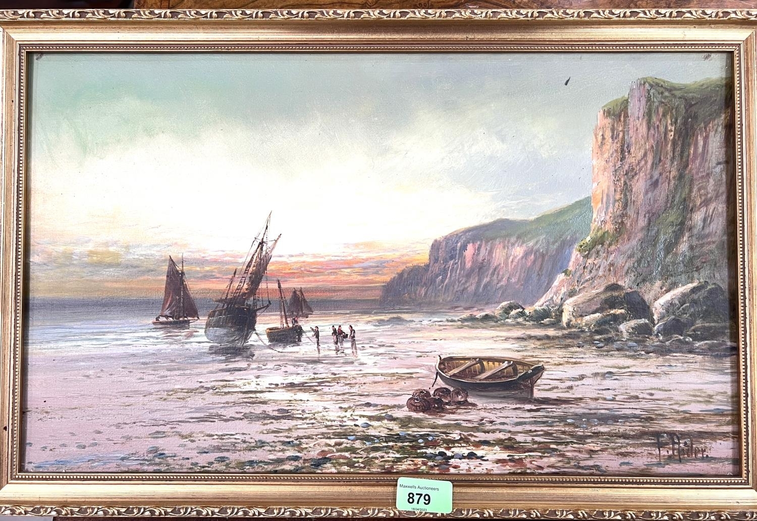Frank Hider | Coastal scenes, boats moored on beaches at sunset | MutualArt