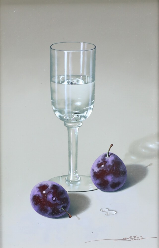 Javier Mulio | still life study of a glass of water and 2 plums | MutualArt