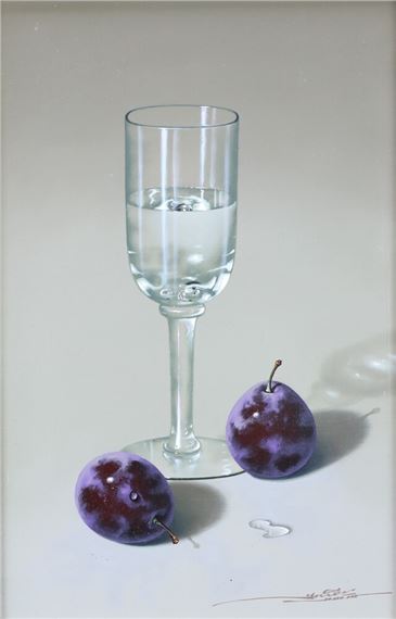 Javier Mulio | still life study of a glass of water and 2 plums | MutualArt