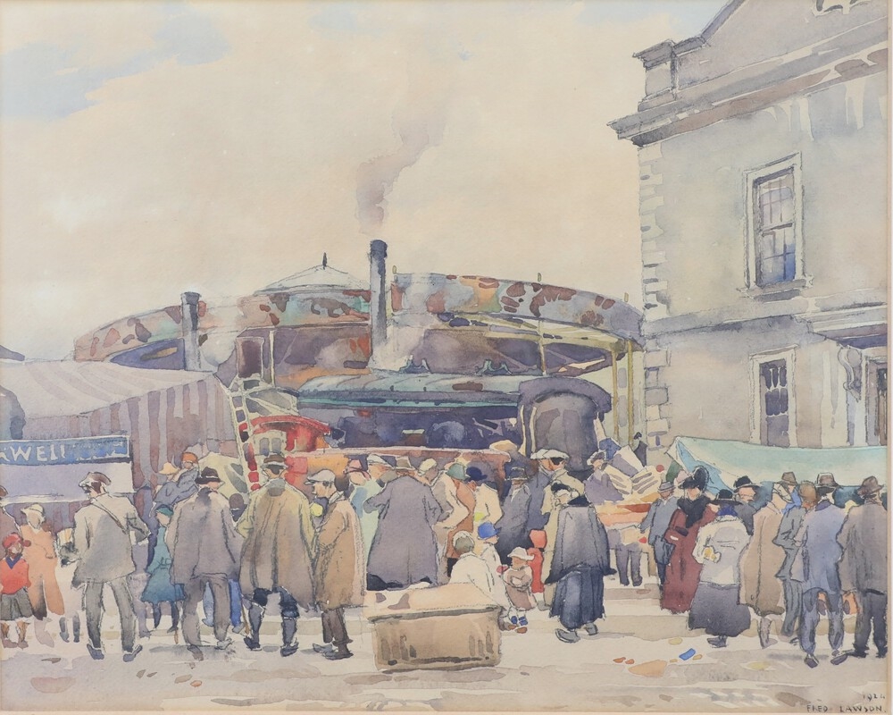 Frederick Lawson | a fairground scene in a market place (1924) | MutualArt