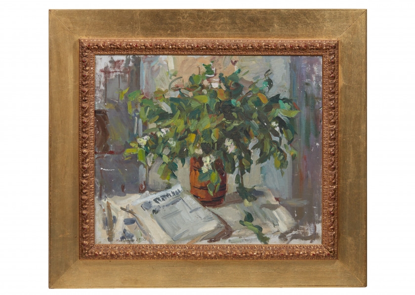 Alexander Maximenko | Nature morte au bouquet de fleurs et journaux ...