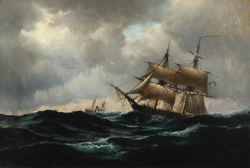 Carl Ludvig Thilson Locher | Marine with a French brig in heavy sea ...