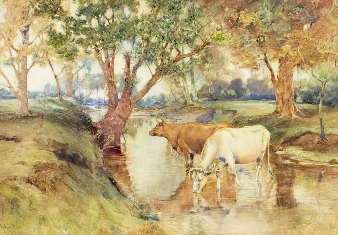 John Wesley Little | Stream Landscape with Cows | MutualArt