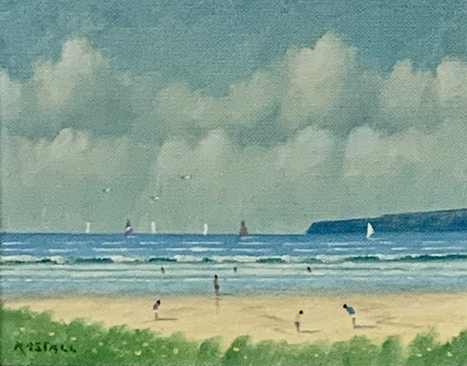 Paul Hart | PAUL HART oil on card - depicting figures on beach with red ...