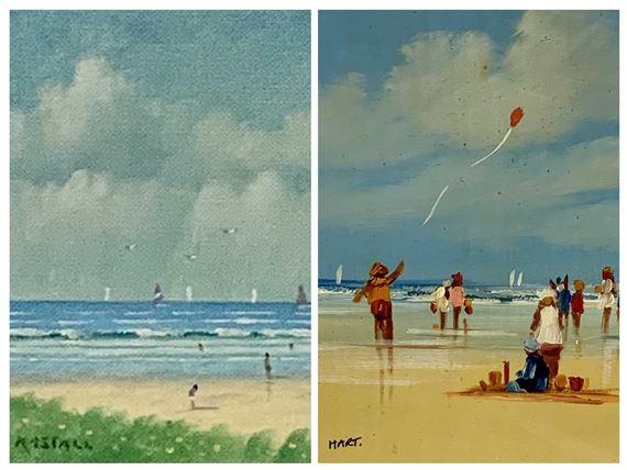 Paul Hart | PAUL HART oil on card - depicting figures on beach with red ...