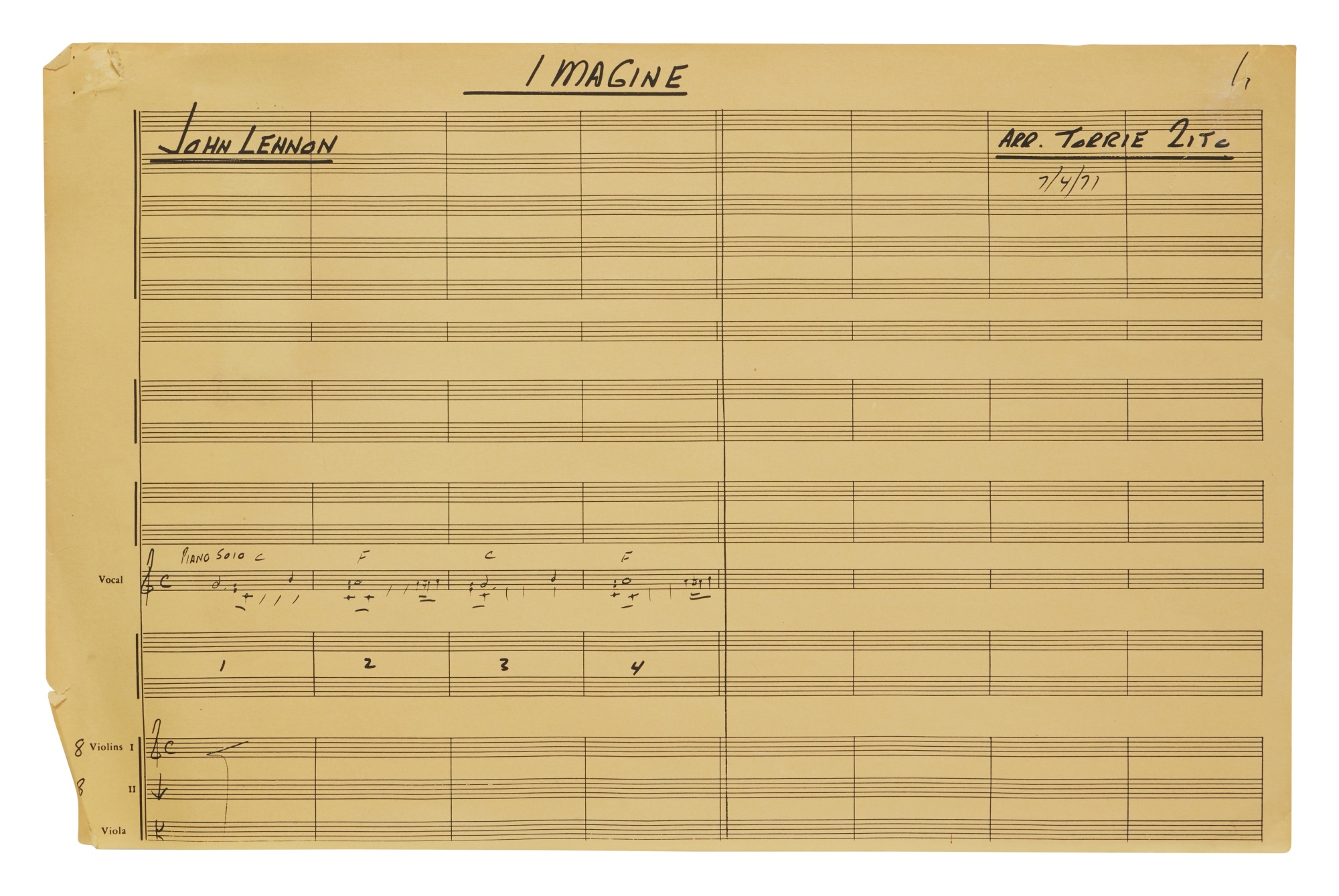 John Lennon | Original Torrie Zito arrangement for Imagine | MutualArt