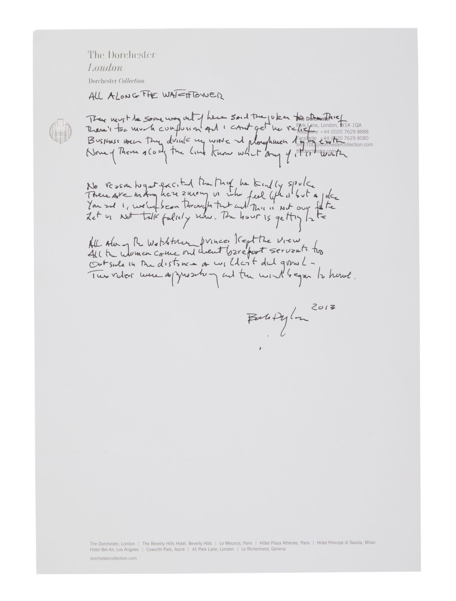 Bob Dylan | All Along the Watchtower in Dylan's own hand | MutualArt