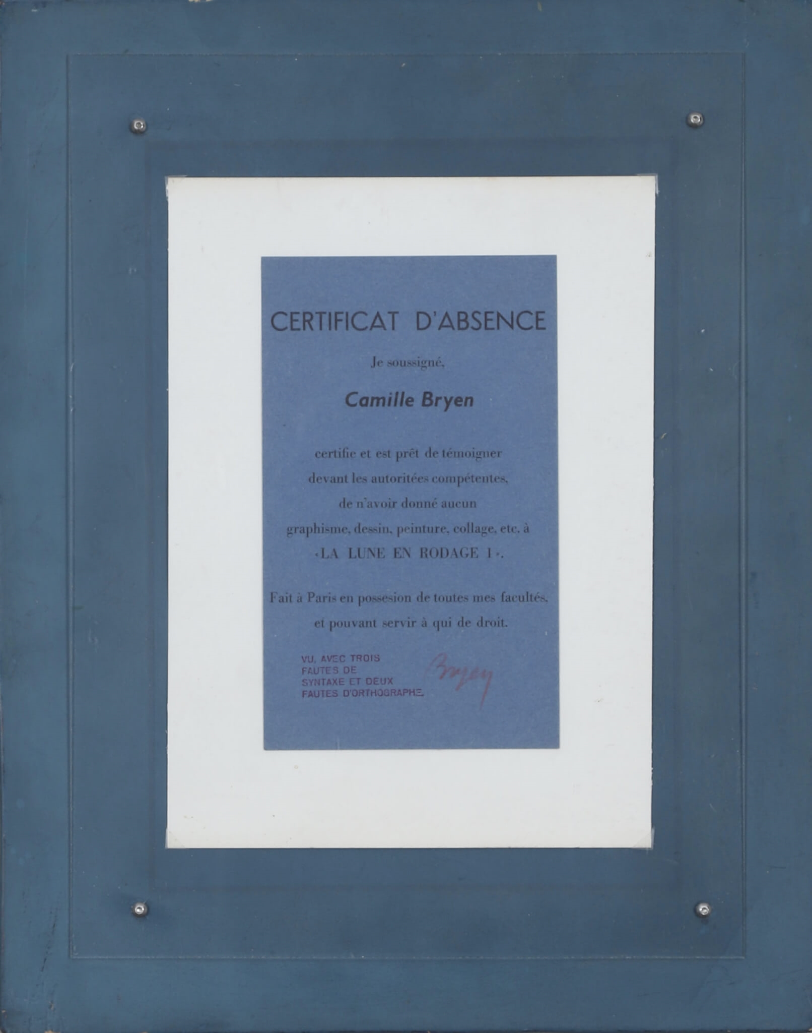 Camille Bryen | Certificat d’absence, 1958 (1958) | MutualArt
