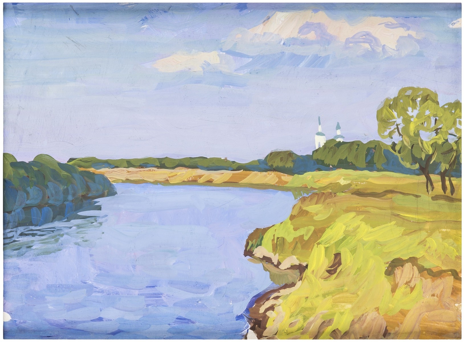 Anatoliy Ivanovich Kuvin | Landscape with river and temple (1970s ...