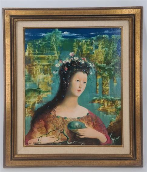 Marcel Delmotte | Young woman with a sphere on a surrealist landscape ...