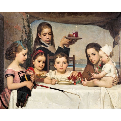 Charles Giron | Geschwisterporträt am Tisch vor Genferseekulisse (1875 ...