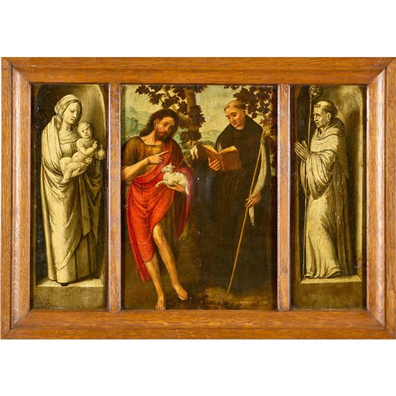 Flemish School, 16th Century | Johannes der Täufer mit Lamm und Mönch mit Buch. Triptychon ...