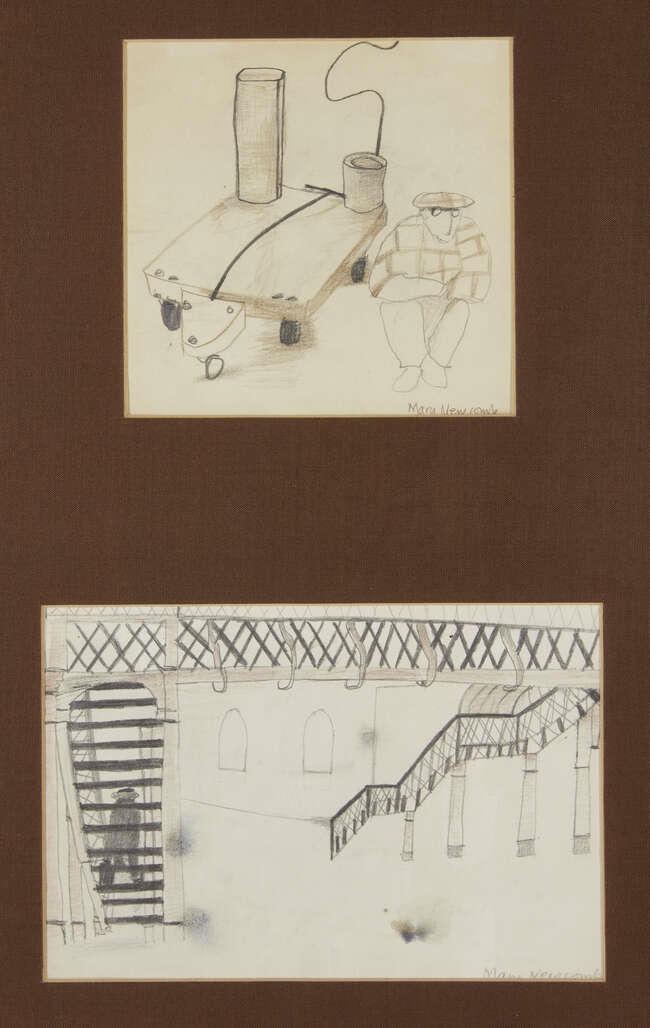 Mary Newcomb | Village with a figure and goats (1963) | MutualArt