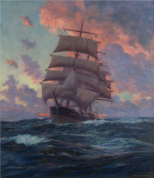 Anton Otto Fischer | Ship Sailing at Sunset (1938) | MutualArt