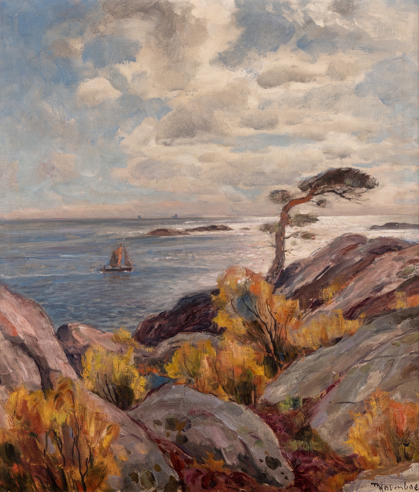 Thorolf Holmboe | Kystlandskap med seilbåt | MutualArt