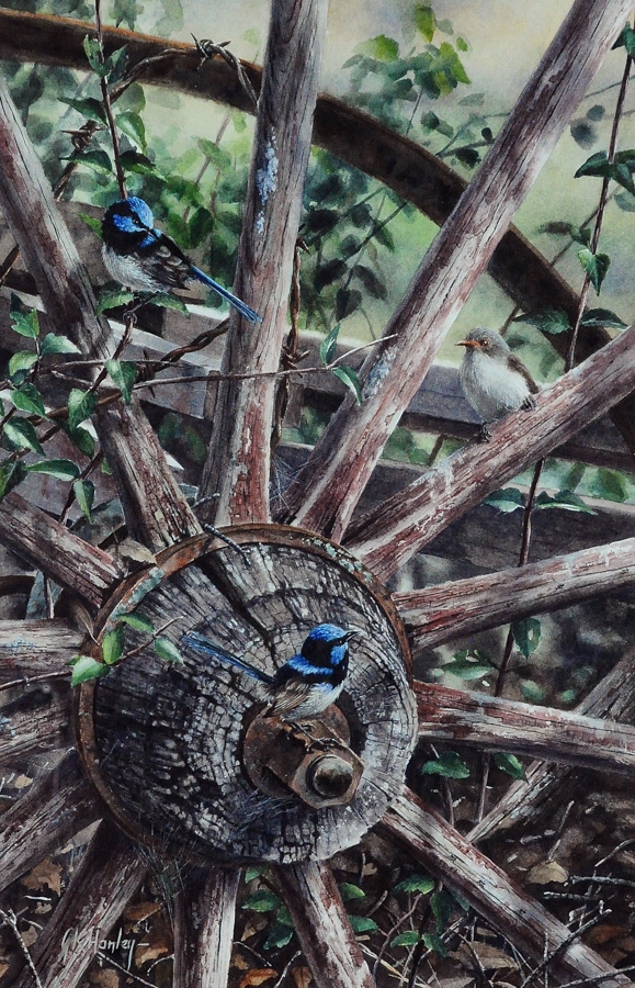 Gordon Hanley | Blue Wrens and Wagon Wheel | MutualArt