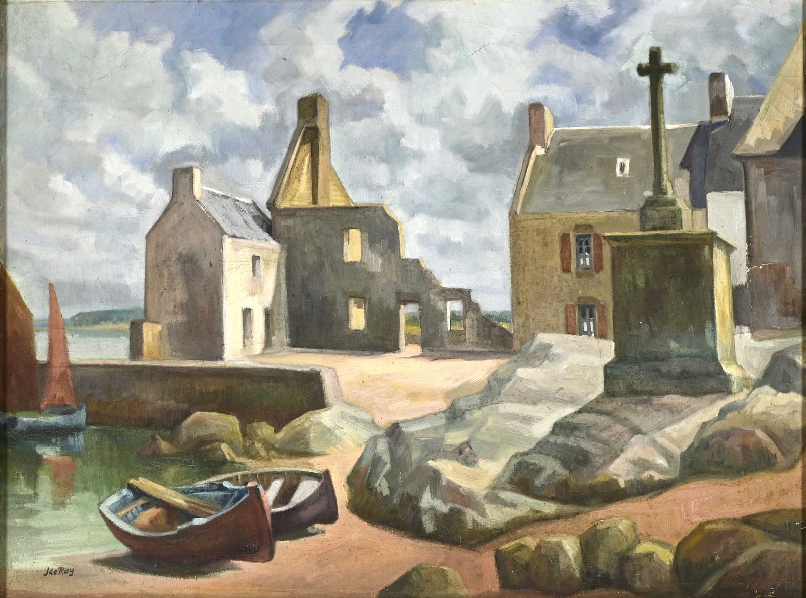 Jules Leray | Barques près des maisons sur la rivière d'Etel | MutualArt