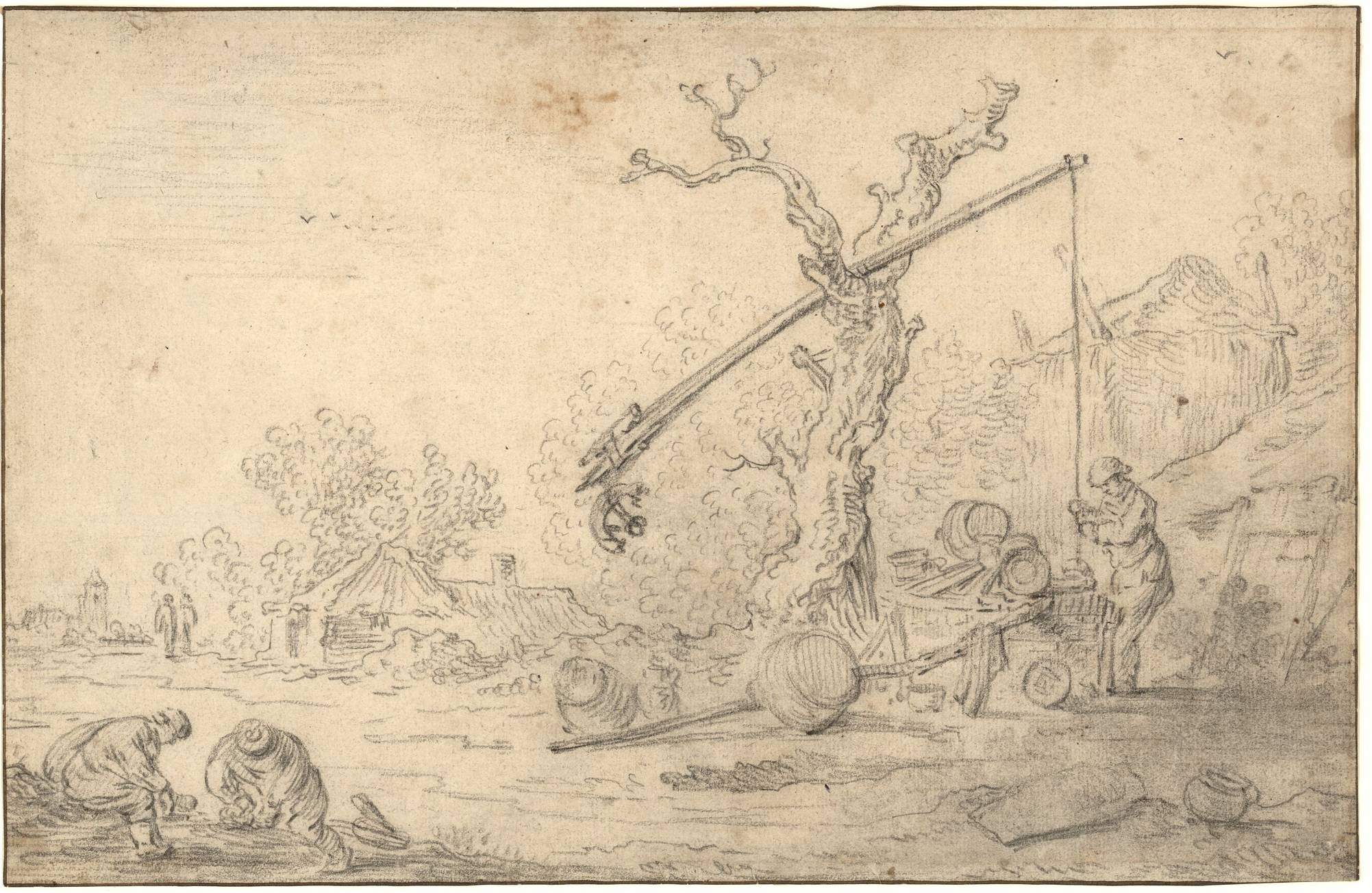 Dutch School, 17th Century | Landscape with farmers and a bascule ...