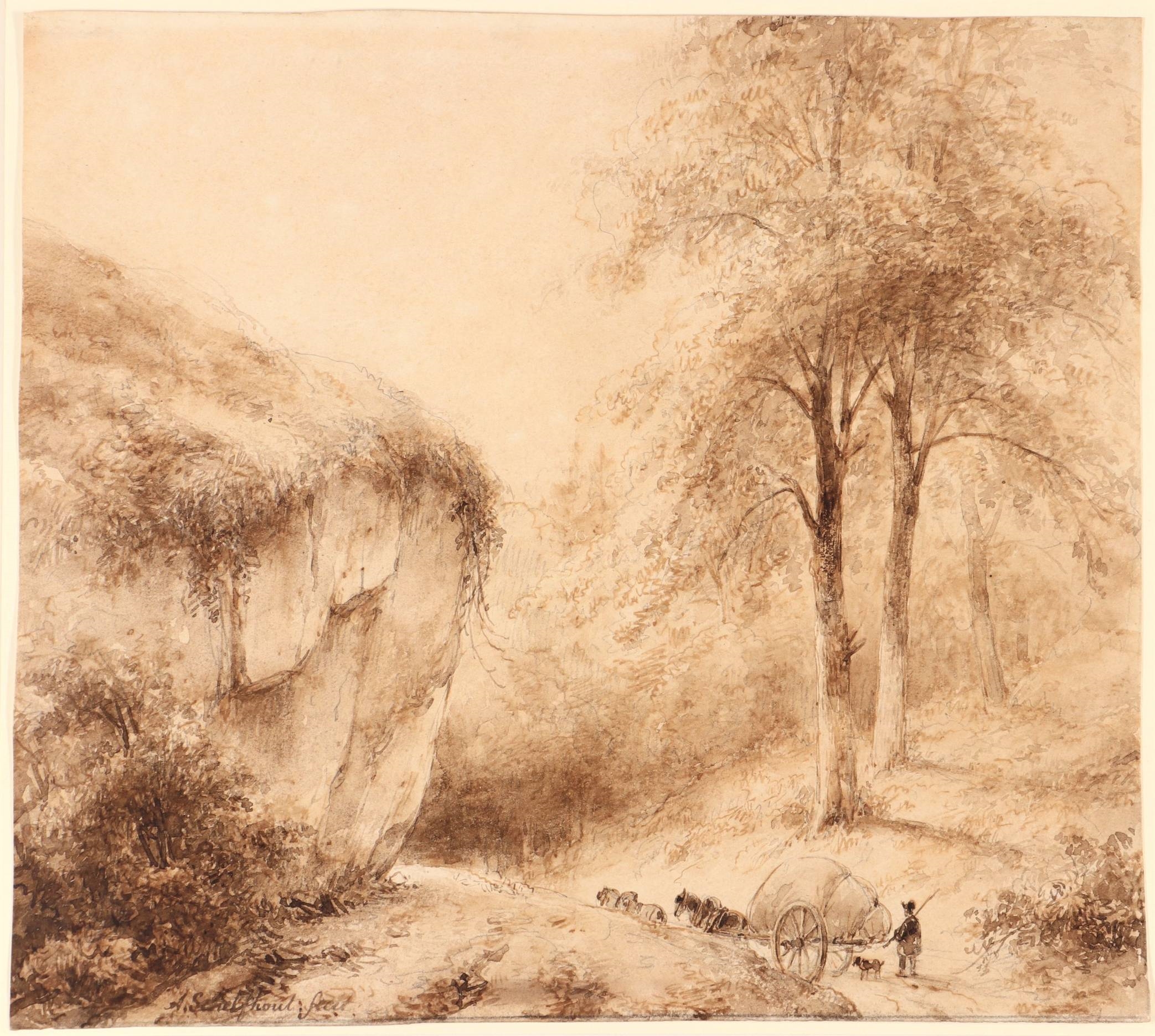 Andreas Schelfhout | Panoramic landscape with figures and cattle near ...