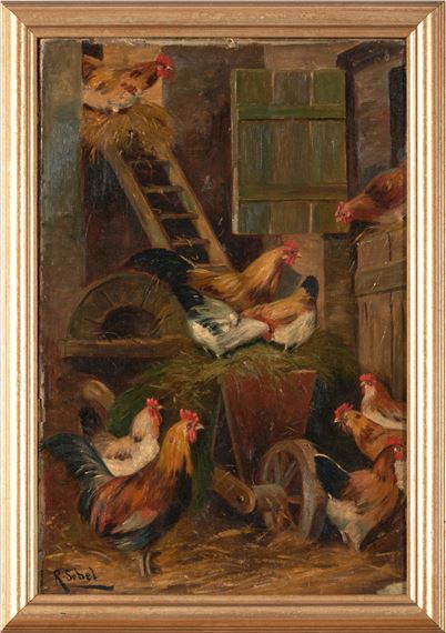 Rose Sobel | Roosters in a Barn. | MutualArt