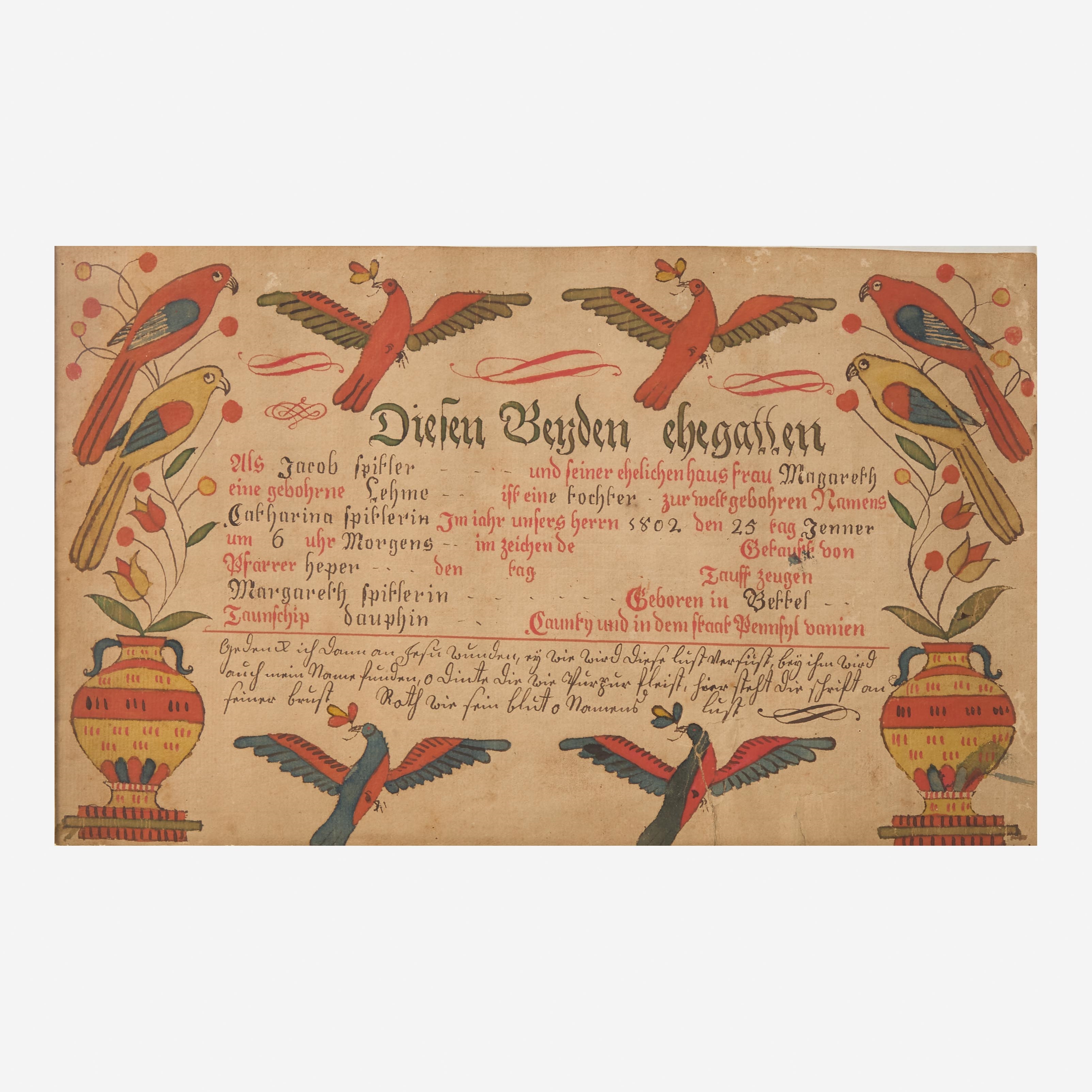 Johann Valentin Schuller | A Fraktur birth and baptism record for ...