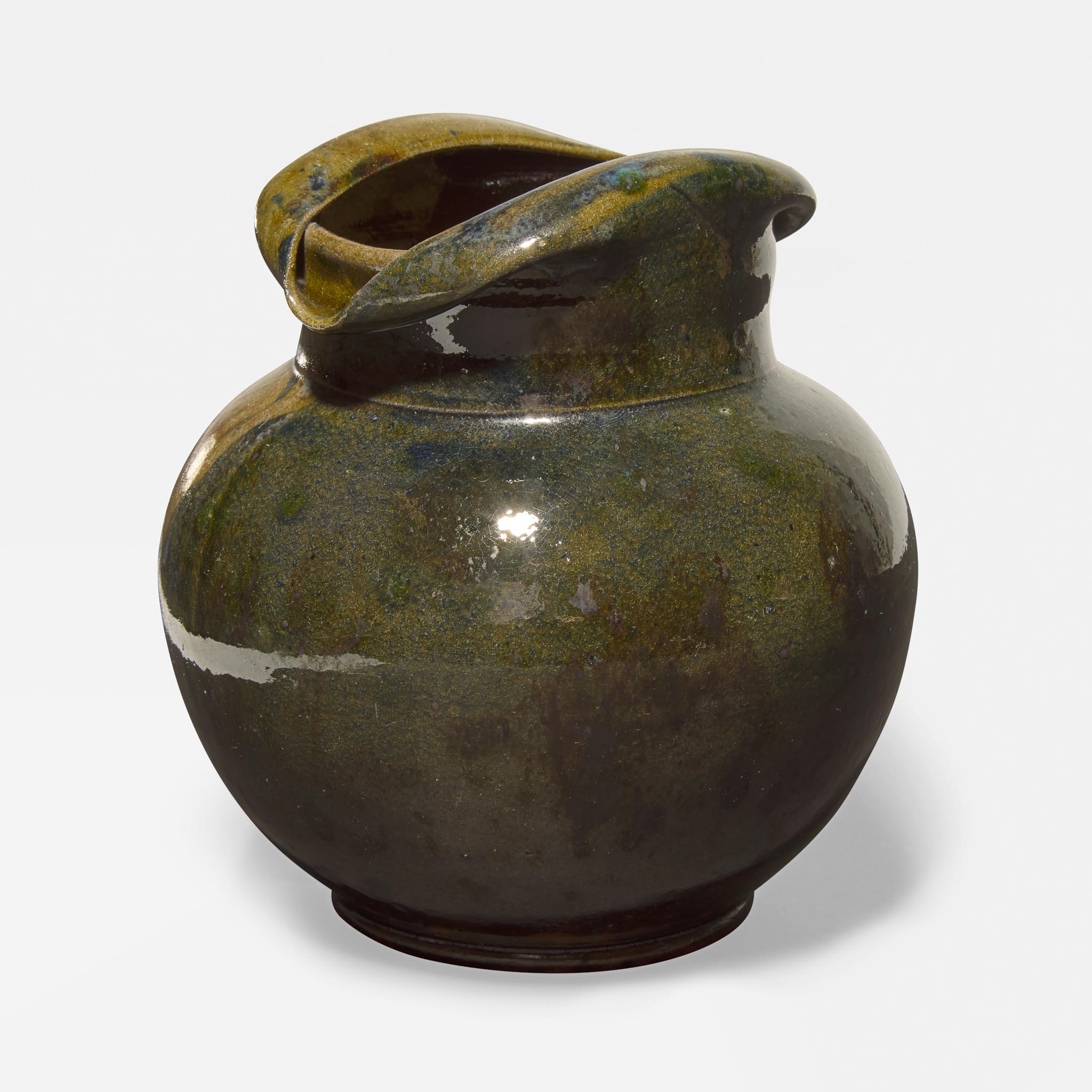George Ohr | Large Vase with Folded Rim in Half Olive and Spotted Brown ...