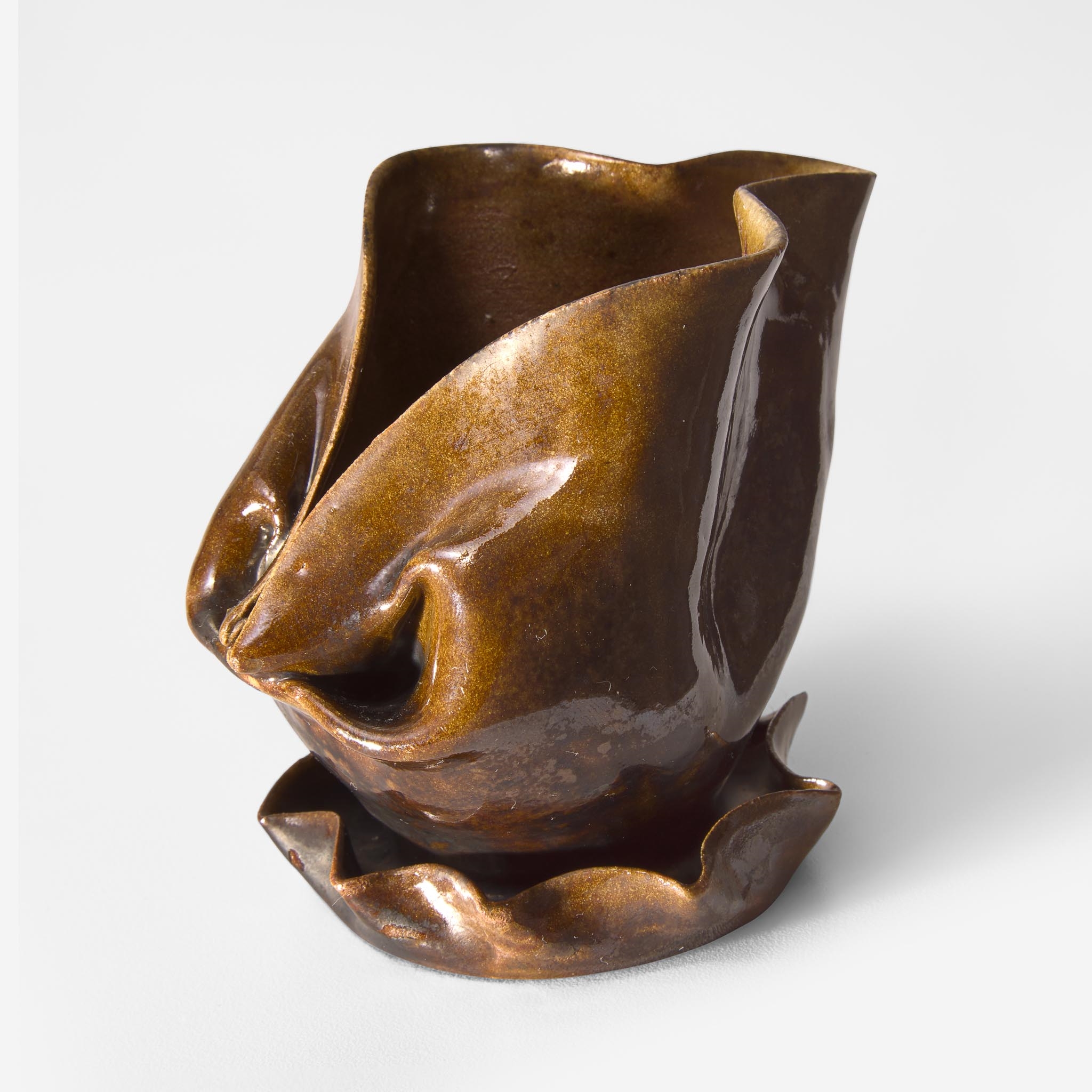 George Ohr | Crumpled Pitcher with Attached Underplate in Mottled Brown ...