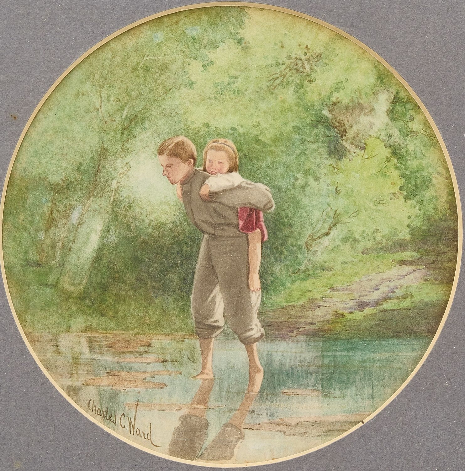 Charles Caleb Ward | Father carrying a child over a stream | MutualArt