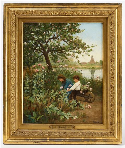 Jean-Pierre Haag | Two children in a flower garden | MutualArt