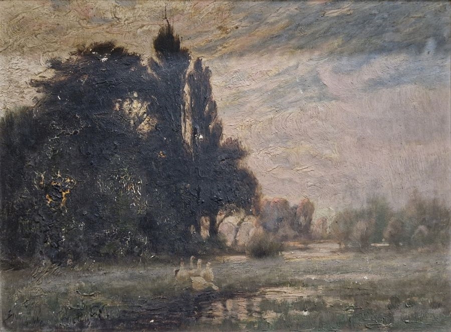 Sidney Pike | Landscape at dusk with geese | MutualArt