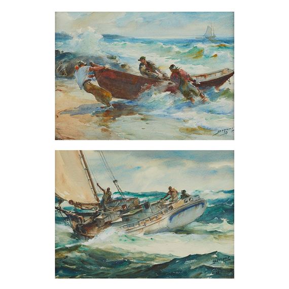 James Sessions | Figures aboard a boat being tossed by the sea; Figures ...
