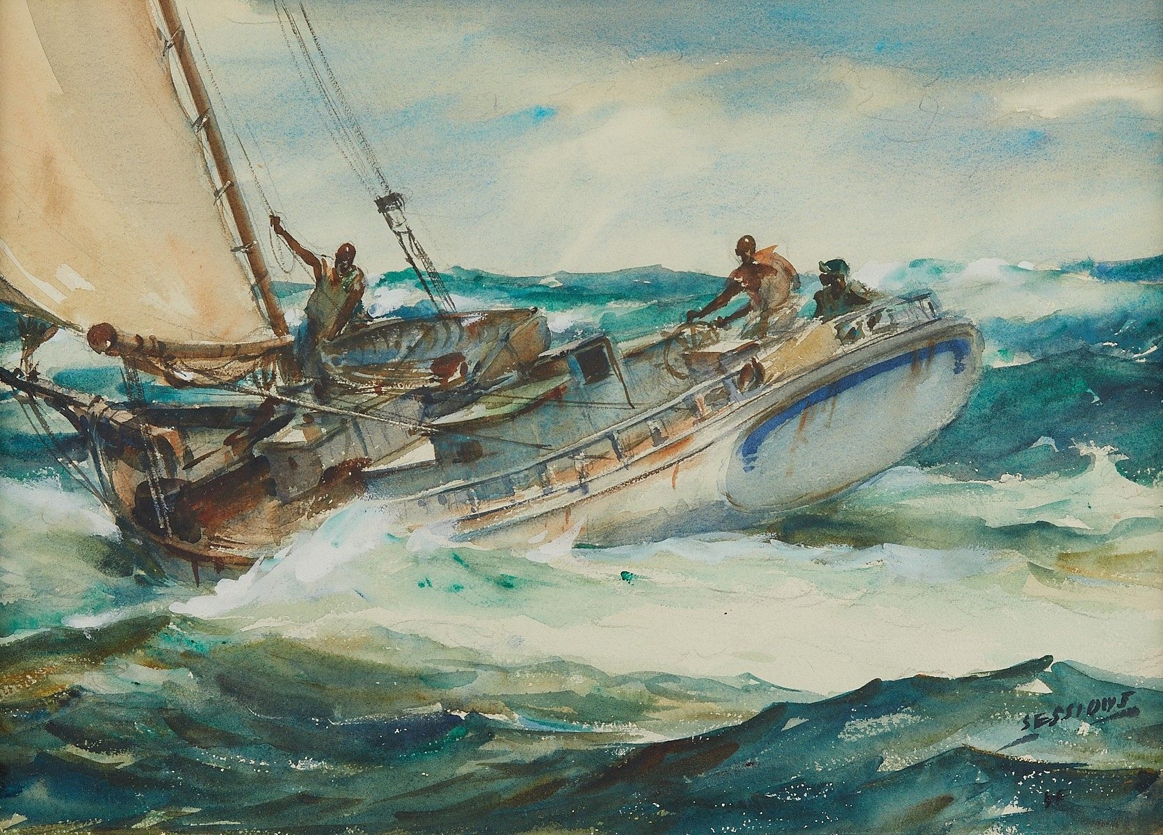 James Sessions | Figures aboard a boat being tossed by the sea; Figures ...