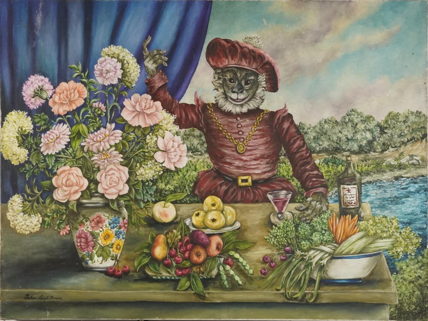 John Leigh Spath | Cat wearing Tudor costume with still life flowers ...