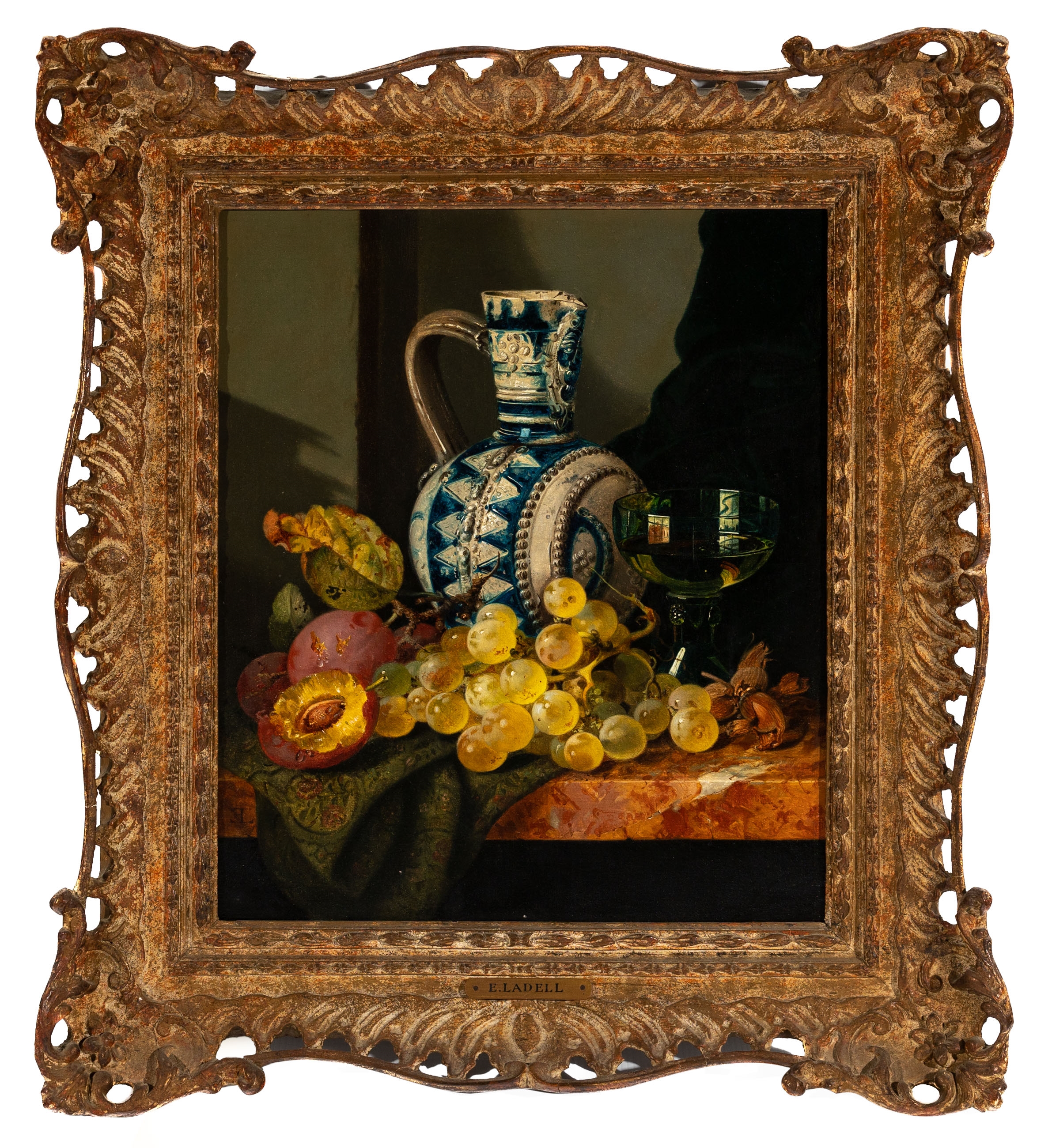 Edward Ladell | Still life of fruit beside a glass and stoneware jug ...