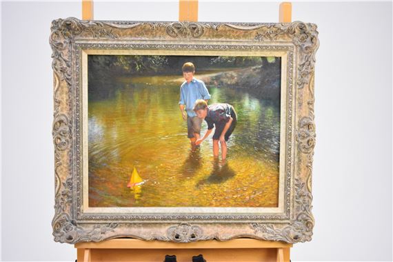Tony Sheath | two boys playing in a stream, oil, 40.5 x 51cm | MutualArt