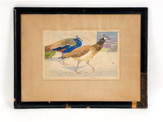 William Giles | Color woodcut of peacock and peahen | MutualArt