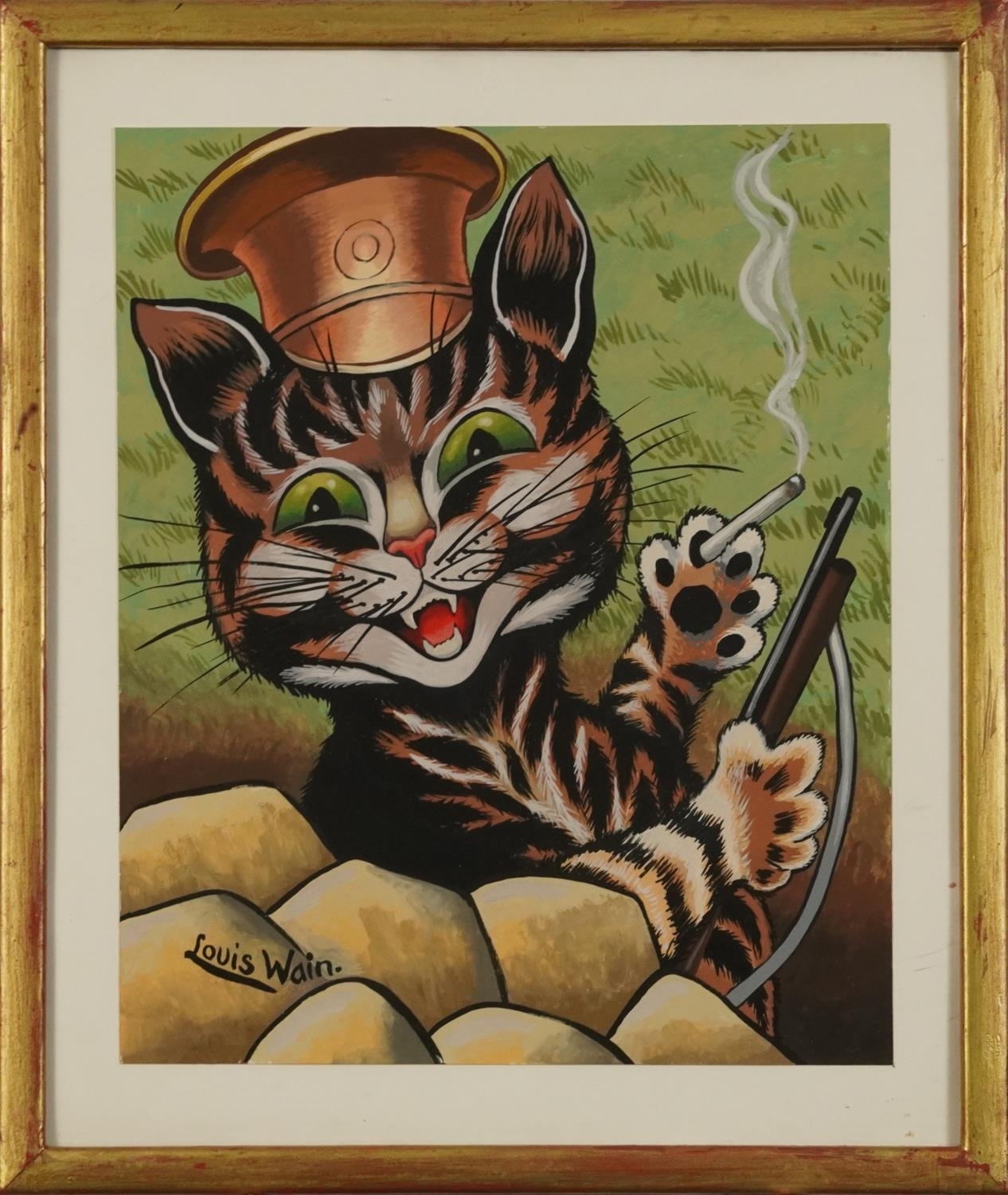 Louis Wain | Cat holding a shotgun | MutualArt