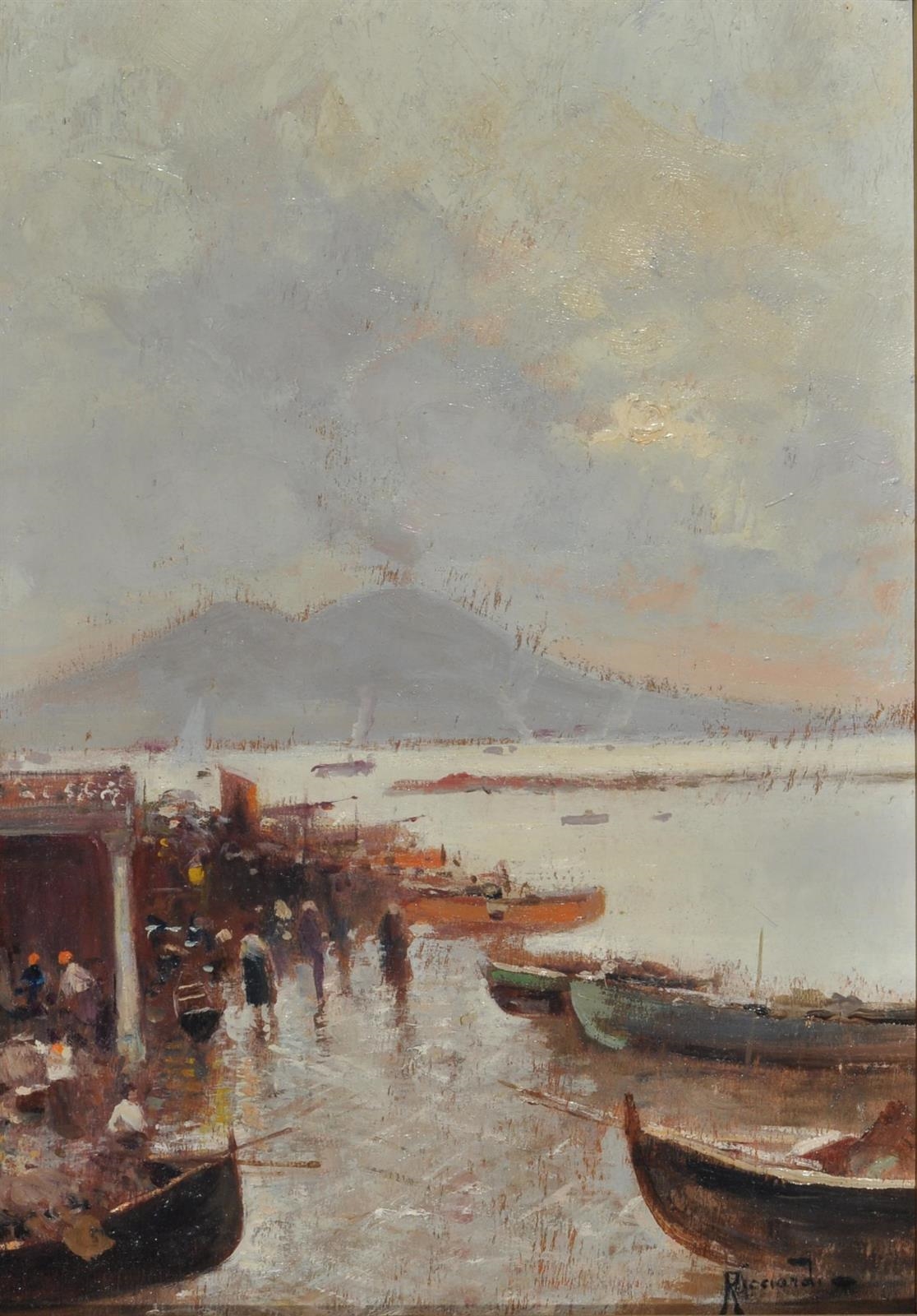 Oscar Ricciardi | Marina con Vesuvio olio su tavola | MutualArt