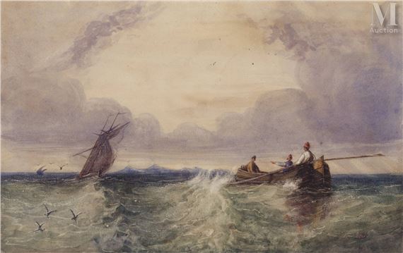 Eugène Isabey | Barque et voilier en pleine mer | MutualArt